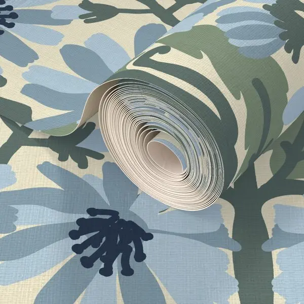 Spoonflower Blue Chicories With Sage Green On Cream Background 100% Natural Sisal Grasscloth Wallcovering - Green,blue