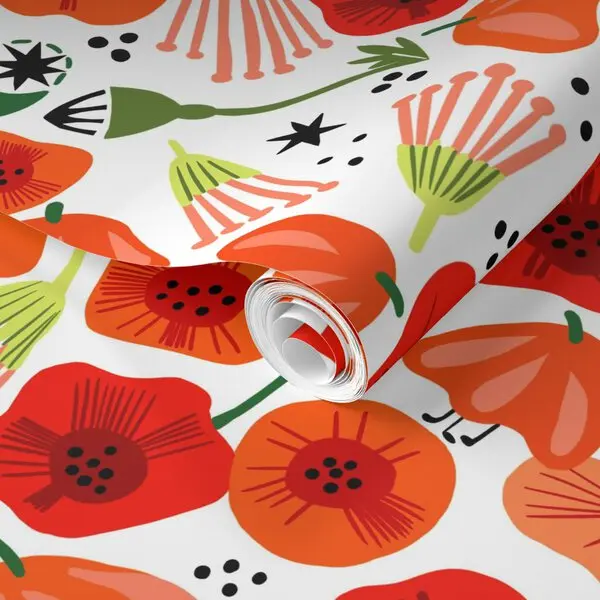 Spoonflower Green Flowers Red Floral Peach Poppies Seeds Custom Removable Wallpaper - Gray,green,coral