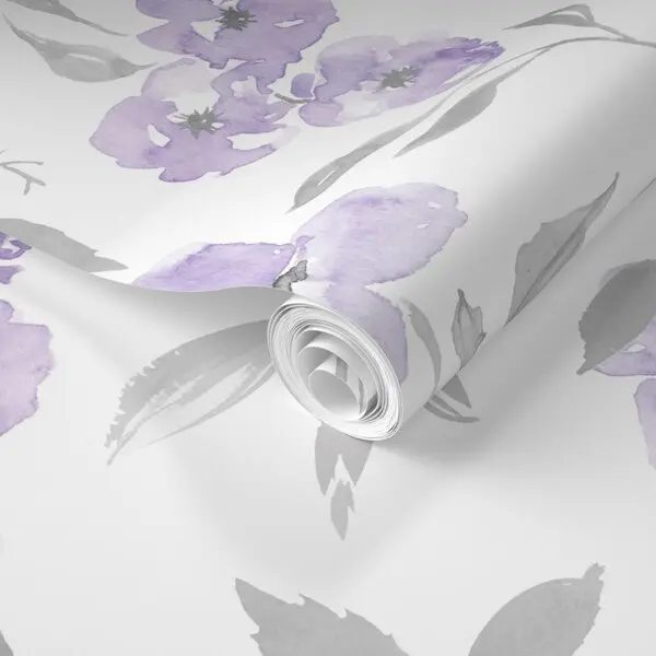 Spoonflower Flowers Floral Purple Poppies Lilac Watercolor Custom Removable Wallpaper - Purple,gray