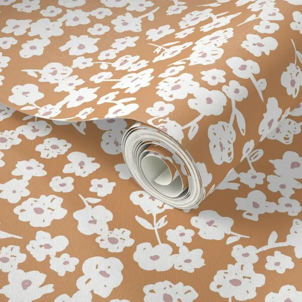 Spoonflower Flowers Leaves Spring Blossom Messy Garden Custom Removable Wallpaper - Brown,white,beige