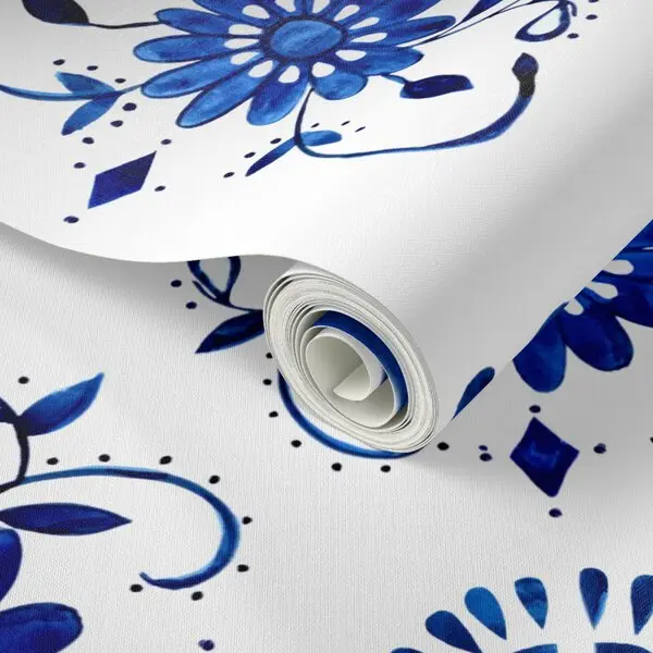 Spoonflower Floral Mexican Inspired Flowers Leaves Sun Custom Removable Wallpaper - Blue,white,green