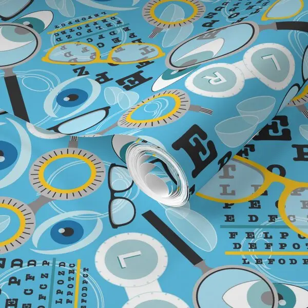 Spoonflower Blue Yellow Eye Glasses Chart Spectacles Vision Traditional Wallpaper - Blue,mint,green