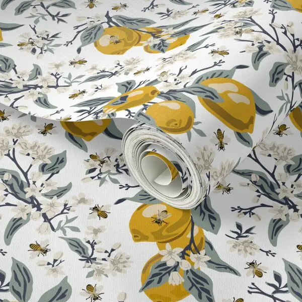 Spoonflower White Yellow Fruit Aqua Citrus Lemons Mustard Custom Pre-pasted Wallpaper - Green,gray,blue