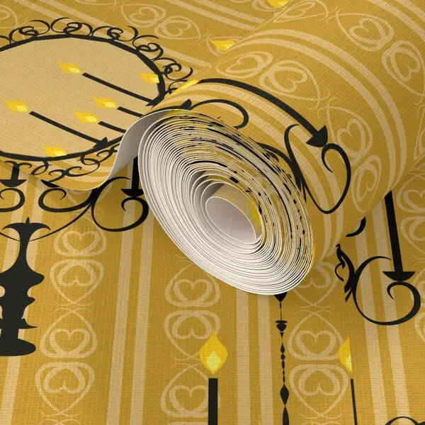 Spoonflower Black Yellow Victorian Decor Contemporary Ornate 100% Natural Sisal Grasscloth Wallcovering - Black,yellow