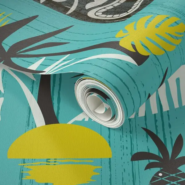 Spoonflower Vintage Retro Aqua Summer Beach Tropical Custom Pre-pasted Wallpaper - Blue,black,green