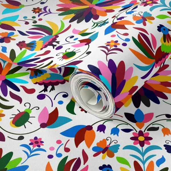 Spoonflower Bugs Chickens Mexican Otomi White Custom Removable Wallpaper - White,gray,blue