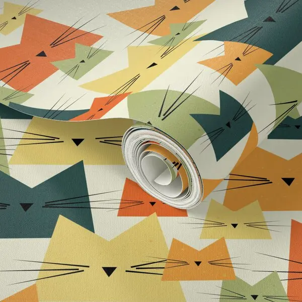 Spoonflower Cat Vintage Cats Orange Geometric Animals Custom Pre-pasted Wallpaper - Orange,yellow,green