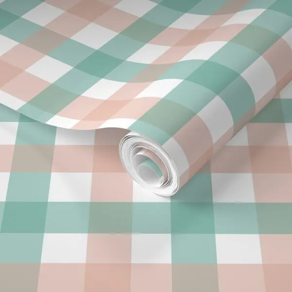 Spoonflower Pink Green Plaid Gingham Mint Stripes Grid Custom Pre-pasted Wallpaper - Gray,teal,blue