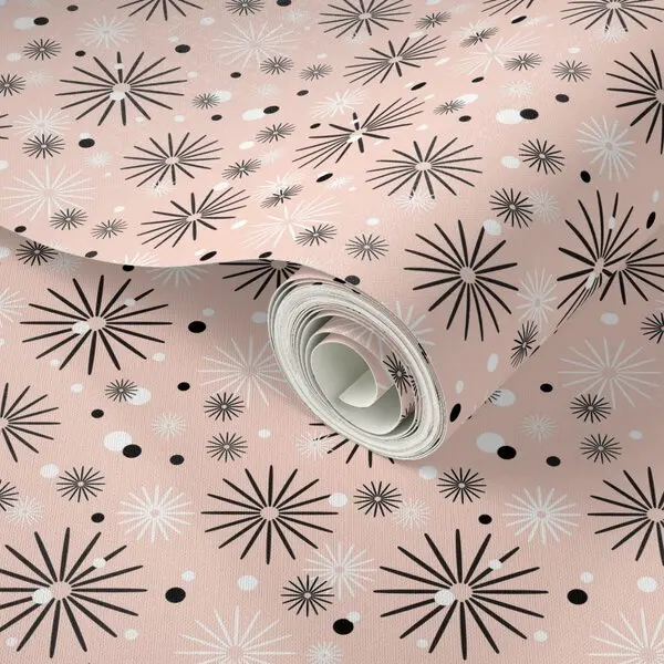 Spoonflower Pink Vintage Stars Floral Retro Custom Pre-pasted Wallpaper - Pink,red,gray