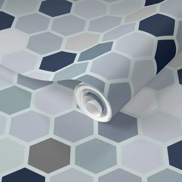 Spoonflower Black And White Retro Hexagon Brown Blue Spots Custom Pre-pasted Wallpaper - Blue,gray