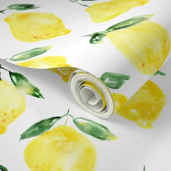Spoonflower Lemon Fruit Citrus Yellow Kitchen Watercolor Custom Removable Wallpaper - White,green,yellow