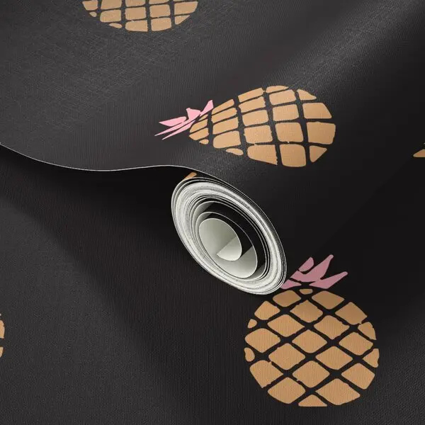 Spoonflower Black Fruit Geometric Night Summer Pineapple Custom Pre-pasted Wallpaper - Black,brown,gray