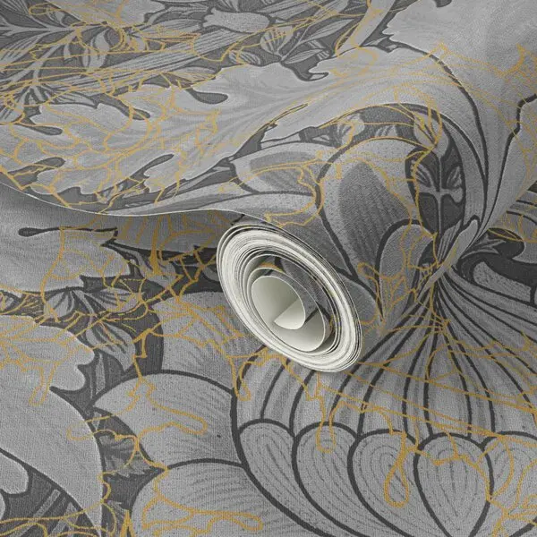 Spoonflower Damask Grey Garden Floral Art Nouveau Victorian Traditional Wallpaper - Gray