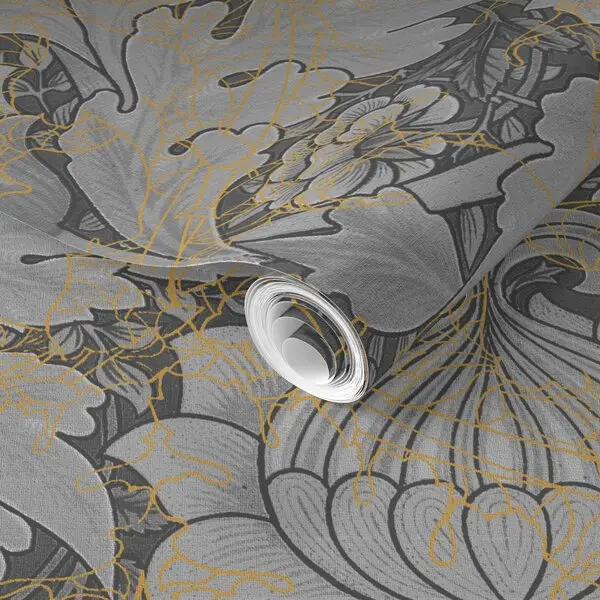 Spoonflower Damask Grey Garden Floral Art Nouveau Victorian Traditional Wallpaper - Gray