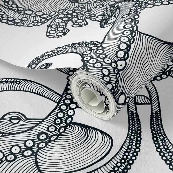 Spoonflower Octopus Marine Sea Creatures Life Octopi Custom Pre-pasted Wallpaper - White,black,gray