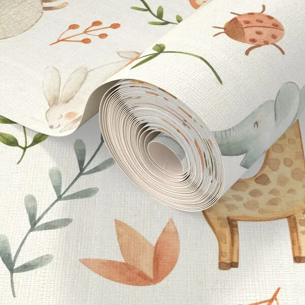 Spoonflower Watercolor Animals Nursery Pattern 100% Natural Sisal Grasscloth Wallcovering - White