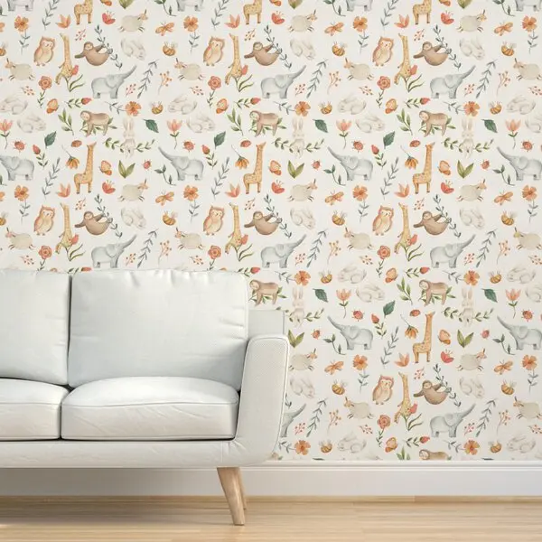 Spoonflower Watercolor Animals Nursery Pattern 100% Natural Sisal Grasscloth Wallcovering