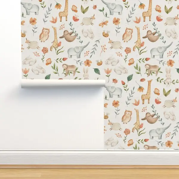 Spoonflower Watercolor Animals Nursery Pattern 100% Natural Sisal Grasscloth Wallcovering