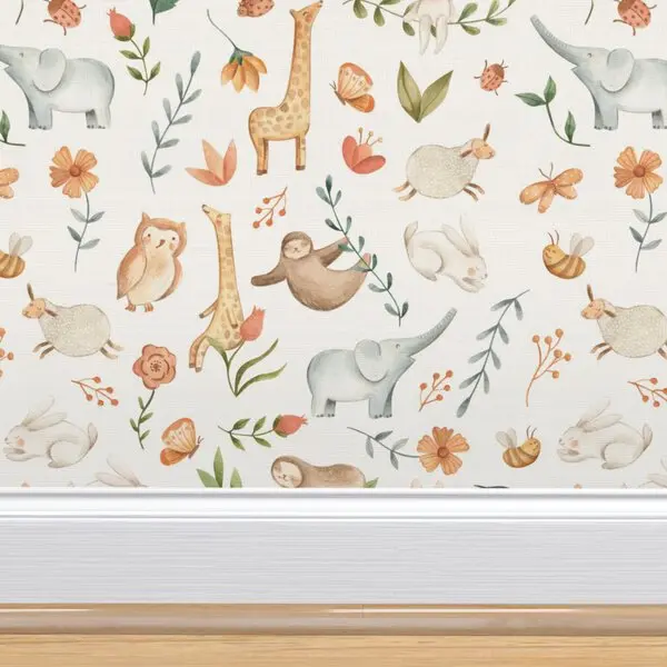 Spoonflower Watercolor Animals Nursery Pattern 100% Natural Sisal Grasscloth Wallcovering