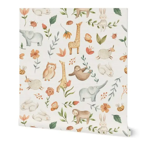 Spoonflower Watercolor Animals Nursery Pattern 100% Natural Sisal Grasscloth Wallcovering