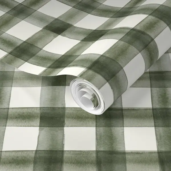 Spoonflower Dark Green Watercolor Plaid Custom Pre-pasted Wallpaper - Green,gray