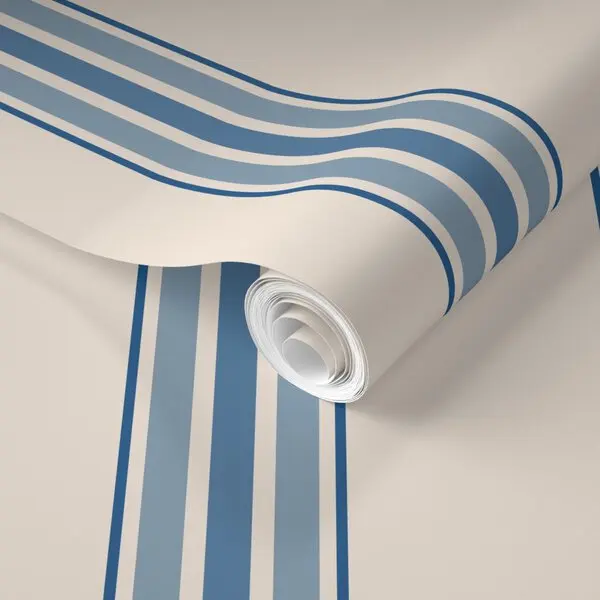 Spoonflower Cream Blue Stripes Beige Ticking Farmhouse Custom Removable Wallpaper - Gray,blue
