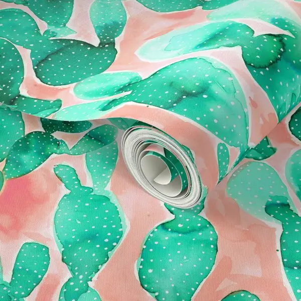 Spoonflower Cactus Prickly Pear Watercolor Botanical Mint And Custom Removable Wallpaper - Green,pink,mint