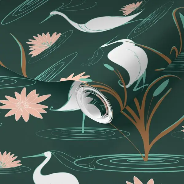 Spoonflower Egret Birds Water Lily Garden Art Nouveau Floral Custom Pre-pasted Wallpaper - Green,white,teal