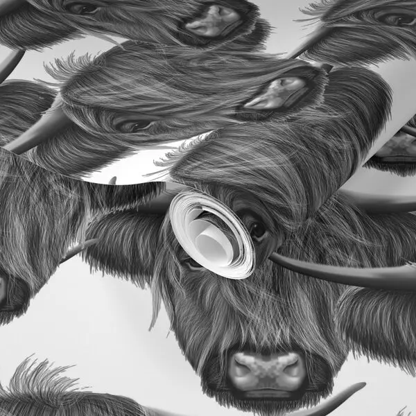 Spoonflower Black And White Woodland Animal Buffalo Animals Custom Pre-pasted Wallpaper - Black,white,gray
