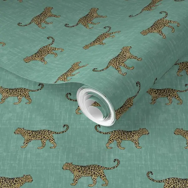 Spoonflower Black Gold Animal Mint Cat Africa Custom Removable Wallpaper - Green,brown
