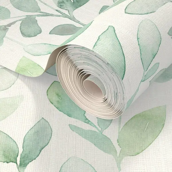 Spoonflower Midsummer Leaves In Light Teal Large Scale 100% Natural Sisal Grasscloth Wallcovering - White,green,teal