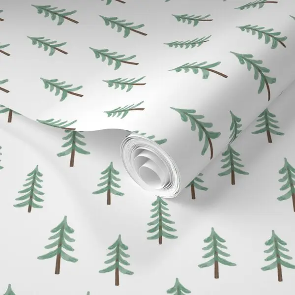 Spoonflower White Green Nature Forest Woodland Trees Winter Custom Pre-pasted Wallpaper - White,green