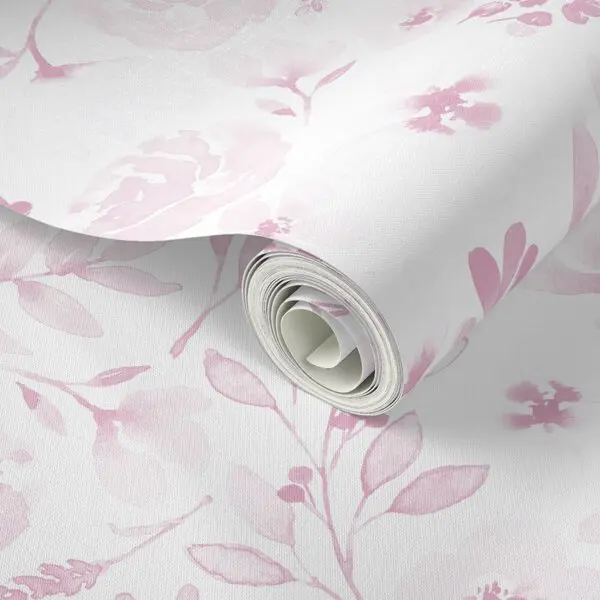 Spoonflower Pink Flowers Floral Watercolor Faded Custom Pre-pasted Wallpaper - White,red