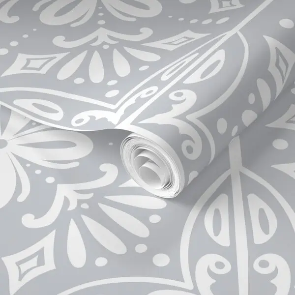Spoonflower Grey Geometric Moroccan Tile Traditional Custom Pre-pasted Wallpaper - White,gray