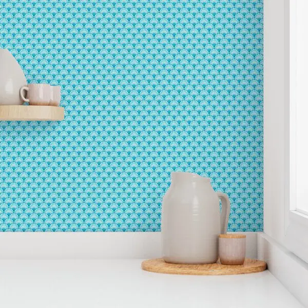 Spoonflower Scalloped Scallop Escallop Cool Colors Custom Pre-pasted Wallpaper - Blue
