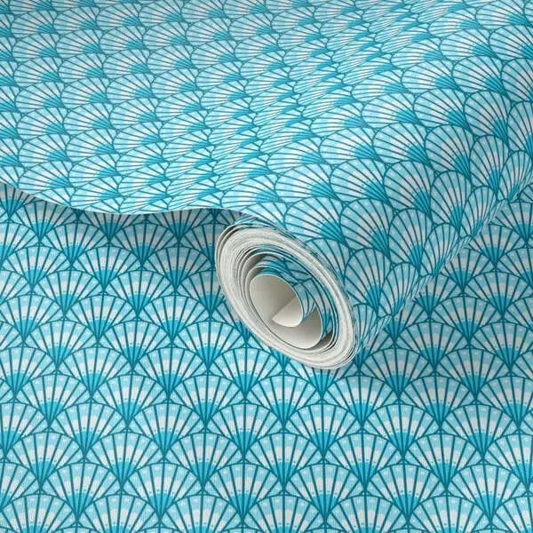 Spoonflower Scalloped Scallop Escallop Cool Colors Custom Pre-pasted Wallpaper - Blue