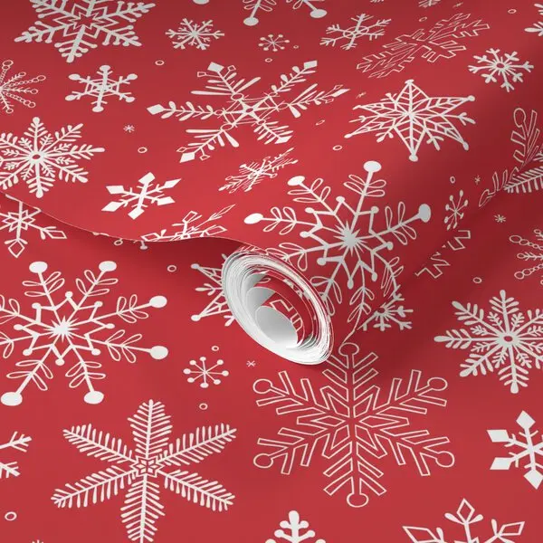 Spoonflower Snowflakes Christmas Holiday Red Holidays Traditional Wallpaper - Red,pink