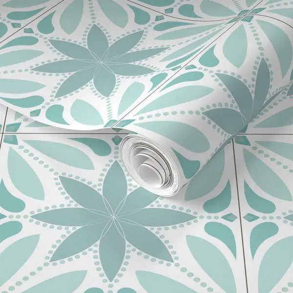 Spoonflower White Green Blue Floral Aqua Jade Tile Custom Pre-pasted Wallpaper - Green,blue,mint