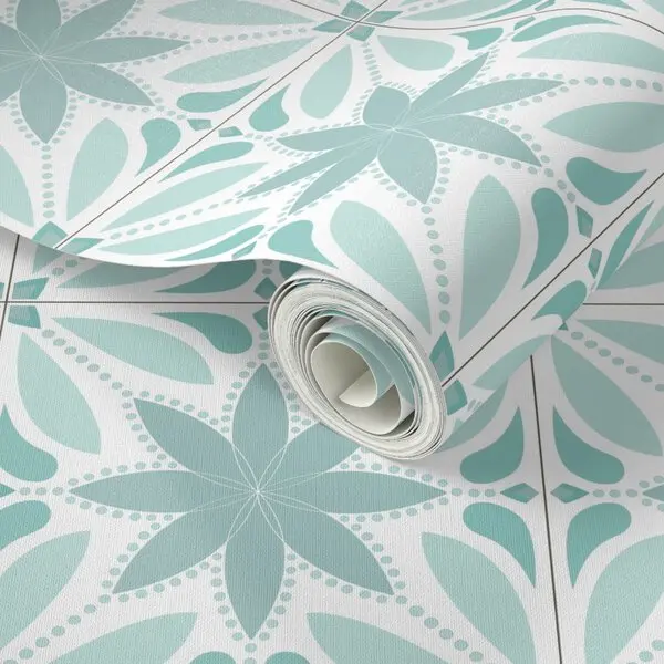 Spoonflower White Green Blue Floral Aqua Jade Tile Custom Pre-pasted Wallpaper - Green,blue,mint