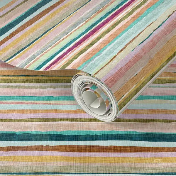 Spoonflower Rainbow Pink Stripe Retro Happy Moroccan Hippy Custom Pre-pasted Wallpaper - Brown,gray,green