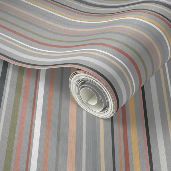 Spoonflower Neutral Stripes On Silver Custom Pre-pasted Wallpaper - Gray,pink,brown