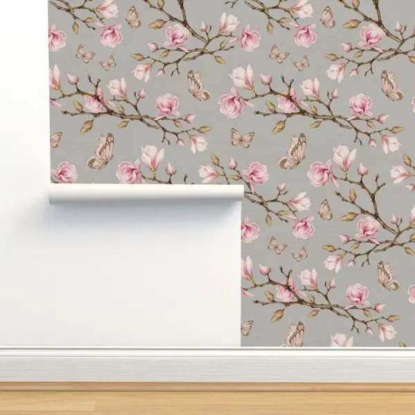Spoonflower Blossom Butterfly Light Grey 100% Natural Sisal Grasscloth Wallcovering