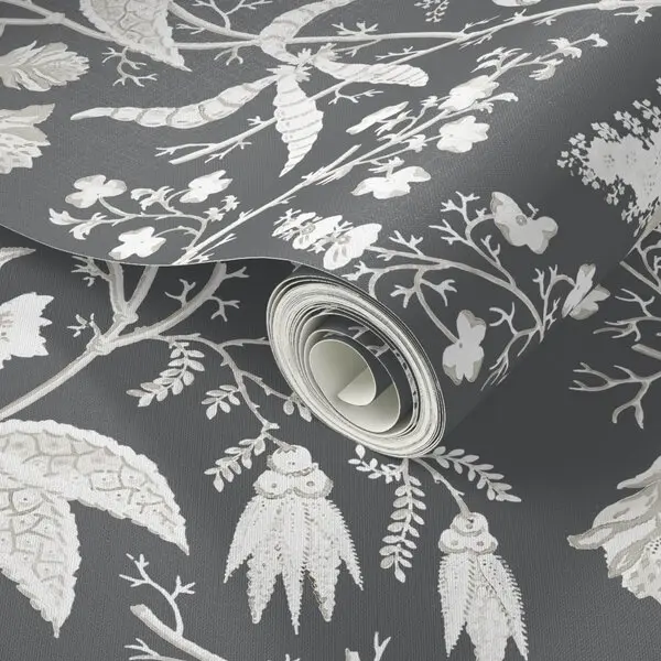 Spoonflower Chinoiserie Floral Asian Charcoal Custom Removable Wallpaper - Gray,white