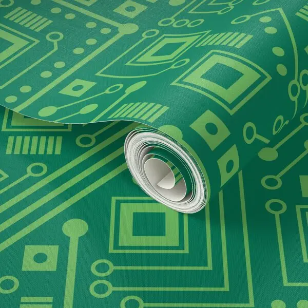 Spoonflower Robot Circuit Board Computer Electric Geek Traditional Wallpaper - Green