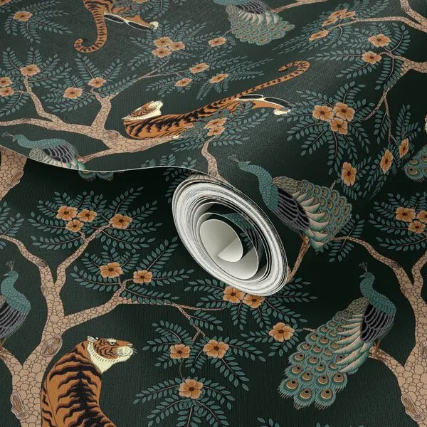 Spoonflower Tiger Peacock Asian Floral Custom Pre-pasted Wallpaper - Green,orange,brown