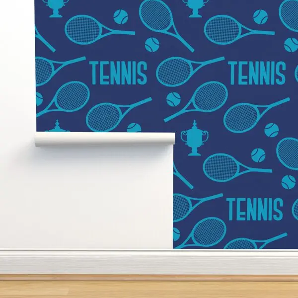 Spoonflower Blue Tennis Rackets On Navy 100% Natural Sisal Grasscloth Wallcovering - Navy,blue