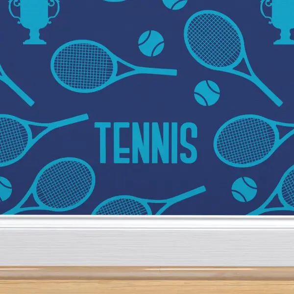 Spoonflower Blue Tennis Rackets On Navy 100% Natural Sisal Grasscloth Wallcovering - Navy,blue