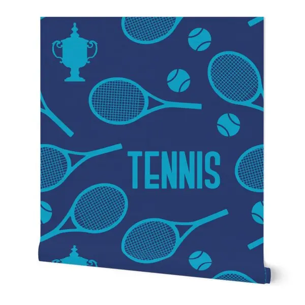 Spoonflower Blue Tennis Rackets On Navy 100% Natural Sisal Grasscloth Wallcovering - Navy,blue