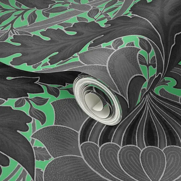 Spoonflower Damask Paris Green Black Flower Leaves Floral Custom Pre-pasted Wallpaper - Green,black