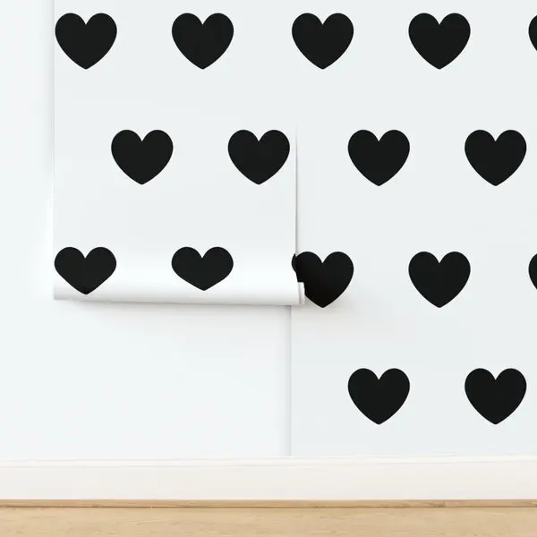 Spoonflower Black Hearts Kitsch Polka Fun Custom Pre-pasted Wallpaper